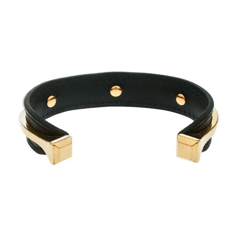 Hermes Black Leather Gold Plated Open Cuff Bracelet For Sale at 1stDibs