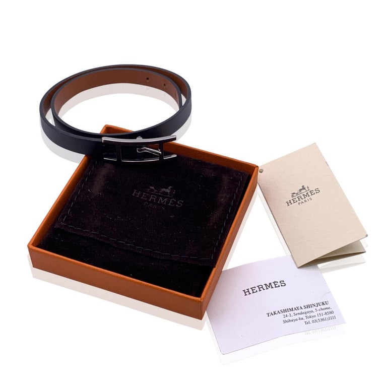Hermes Black Leather Hapi 2 Double Tour Bracelet Silver Metal Buckle ...
