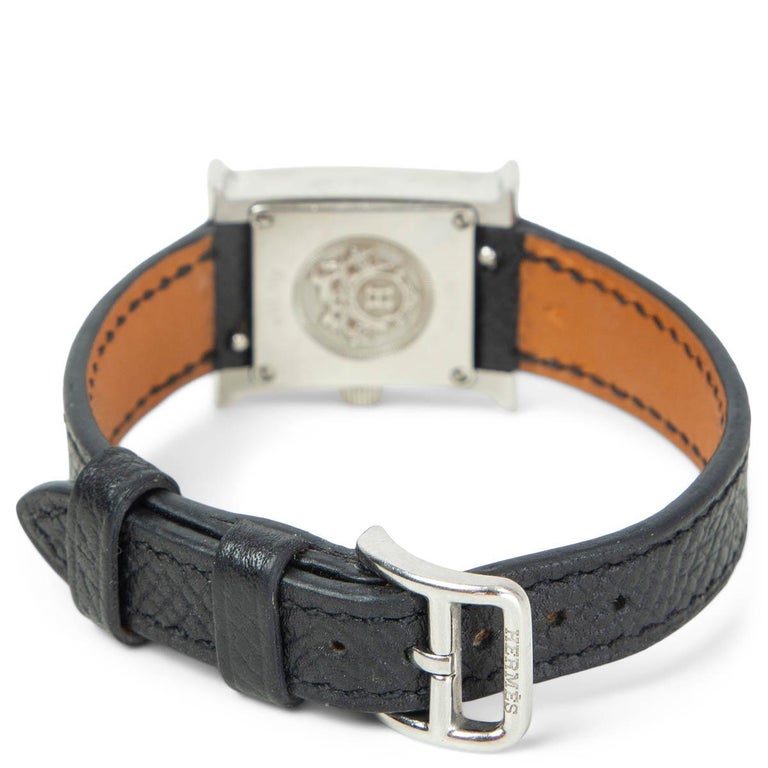 Hermes black leather and steel H HEURE MINI 21mm Watch White Dial For ...