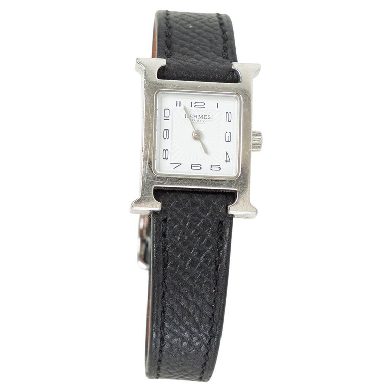 Hermes black leather and steel H HEURE MINI 21mm Watch White Dial For ...
