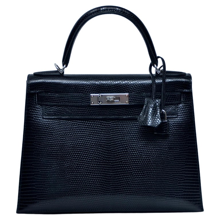 HERMES Black Polished Niloticus Lizard Kelly Palladium Hardware 28 NEW ...