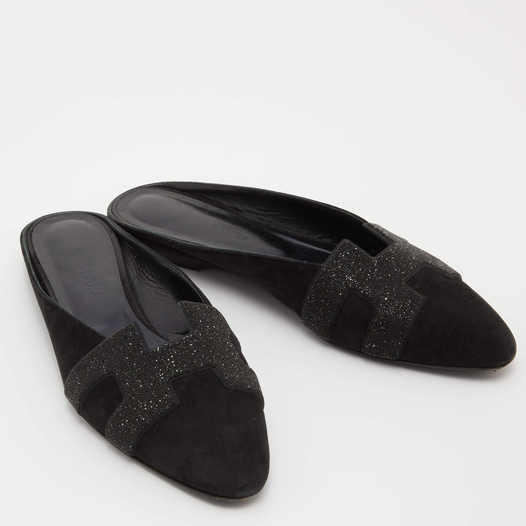 Hermes Black Suede and Beads Powder Roxane Flat Mules Size 38 For Sale ...