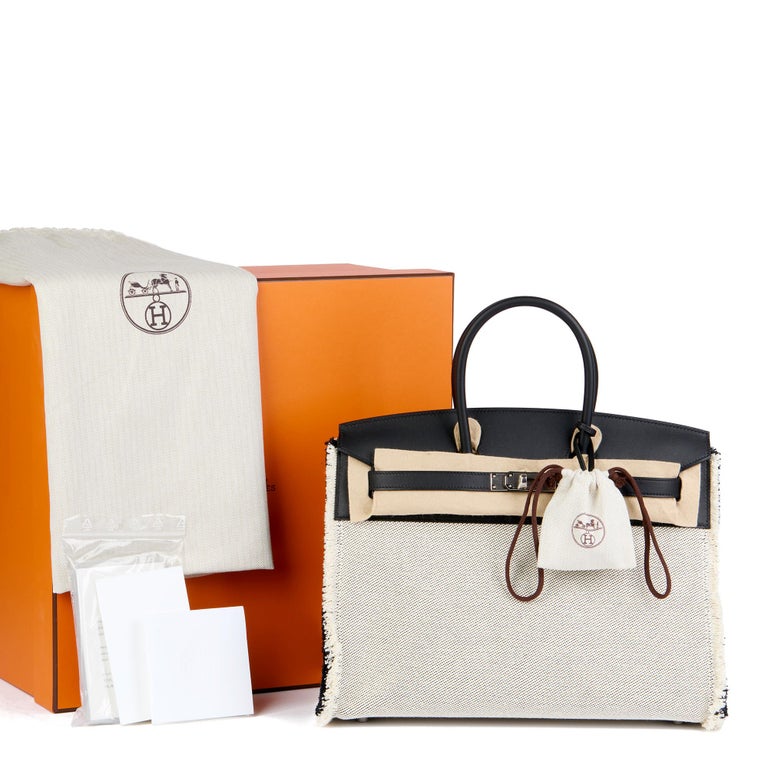 HERMÈS Black Swift Leather and Canvas Fray Birkin 35cm For Sale at 1stDibs