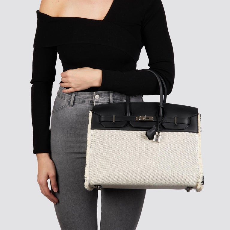 HERMÈS Black Swift Leather and Canvas Fray Birkin 35cm For Sale at 1stDibs