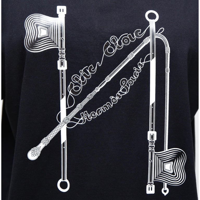HERMES Black T-Shirt Top White CLIC CLAC Print Pocket Short Sleeve Crew ...