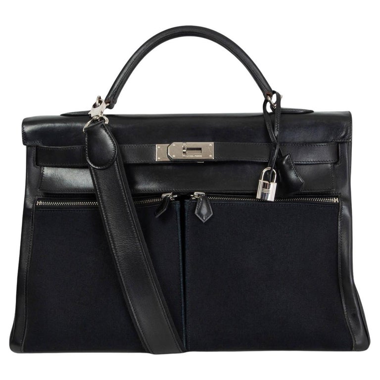 HERMES black Toile Militaire and Box leather KELLY 40 LAKIS Bag w ...