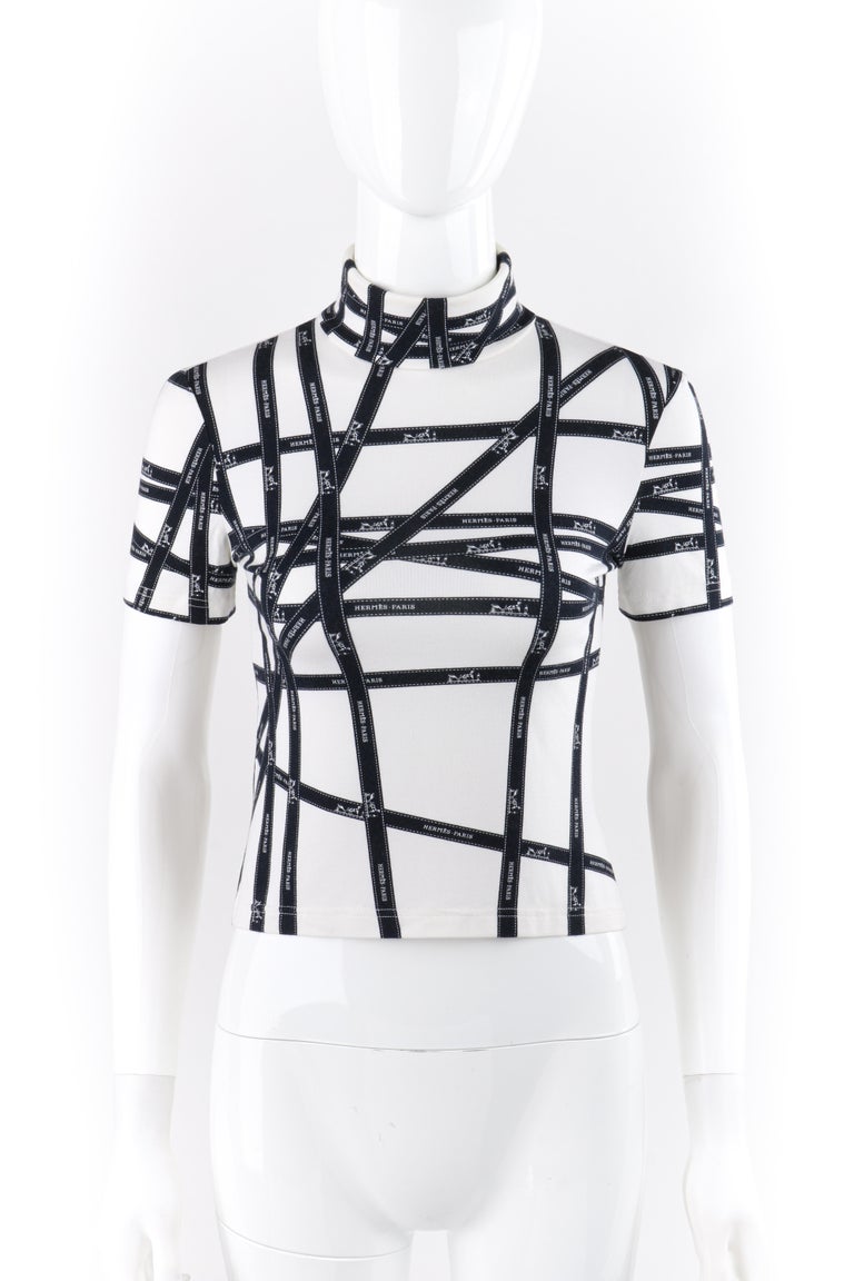 HERMES Black and White “Bolduc” Hermes Monogram Logo Ribbon Turtleneck ...