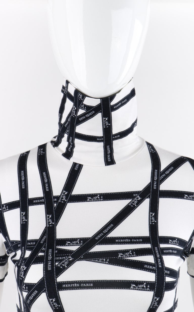 HERMES Black and White “Bolduc” Hermes Monogram Logo Ribbon Turtleneck ...