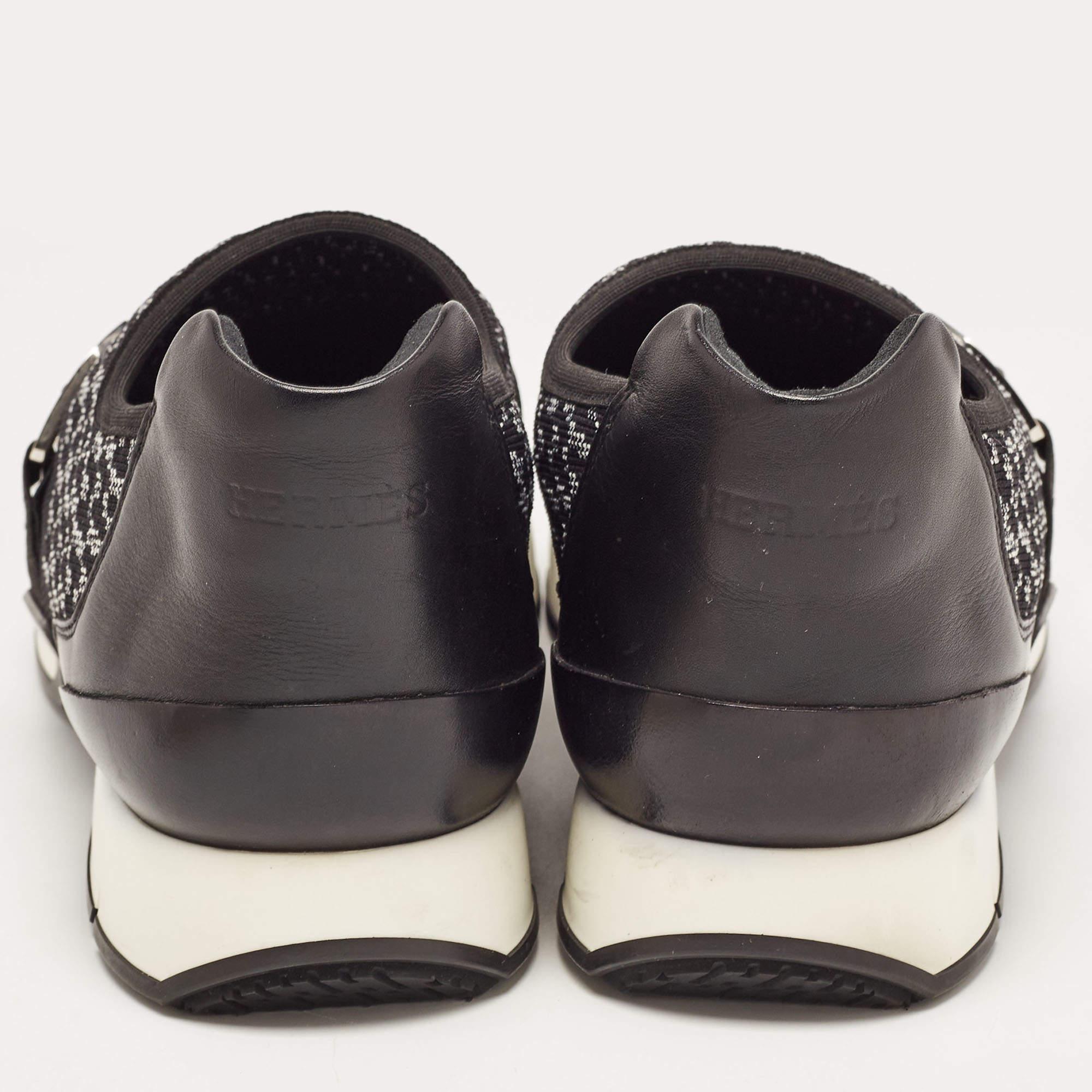 Hermes Black/White Knit Fabric and Leather Run Sneakers Size 42 For ...