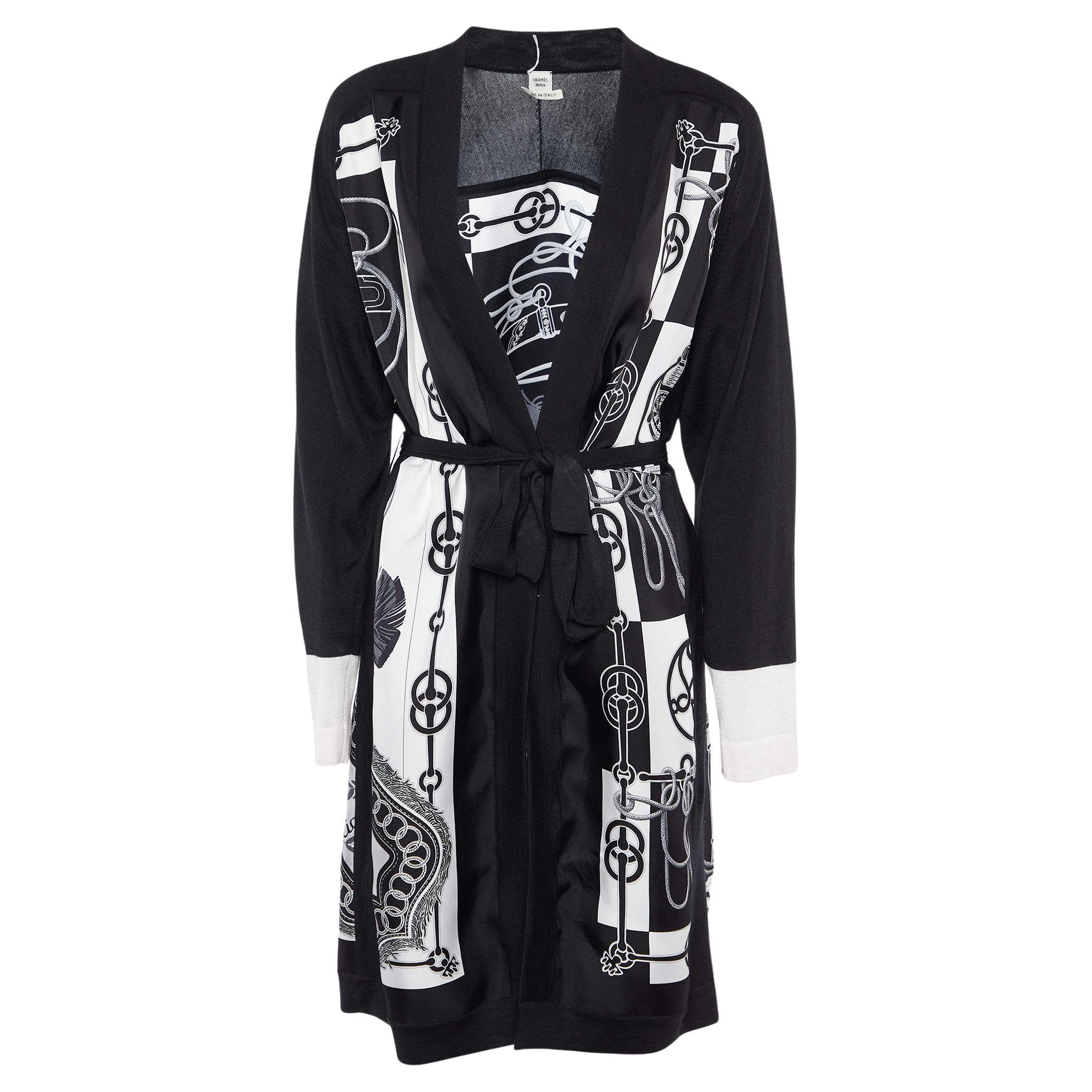 Hermes Black/White Printed Silk and Knit Belted Cardigan M For Sale at ...