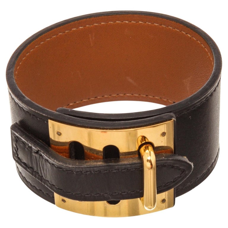 Hermes Black Wide Leather Bracelet with Gold-Tone Hardware For Sale at ...