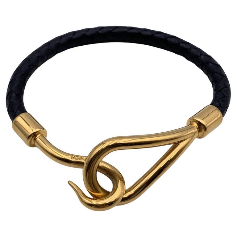 Hermes Black Woven Leather Gold Metal Jumbo Hook Bracelet For Sale at ...
