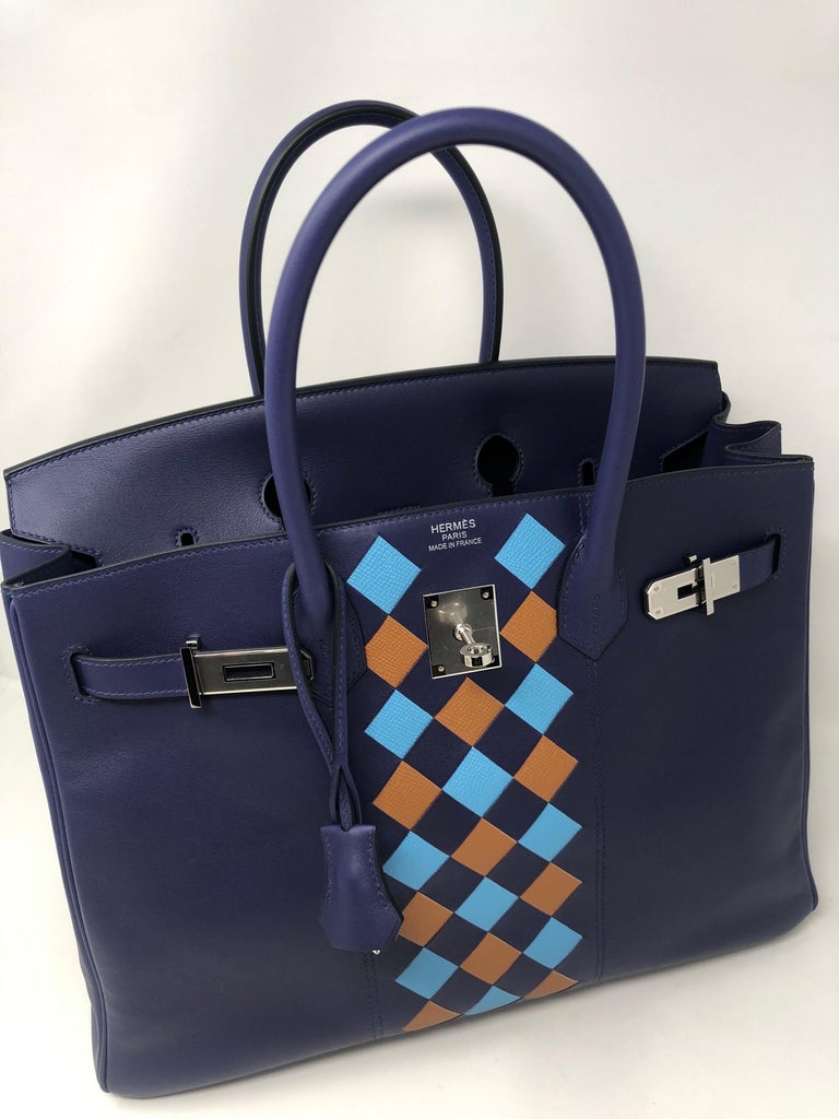 Hermes Bleu Encre Tressage De Cuir Birkin 35 Bag at 1stDibs