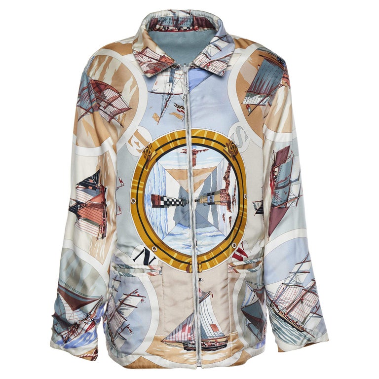 Hermes Blu Sailboat and Lighthouse Printed Silk and Cotton Reversible ...