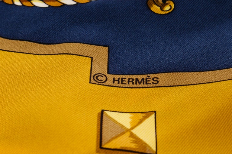 Hermes Blue and Golden Silk Les Clefs Scarf For Sale at 1stDibs