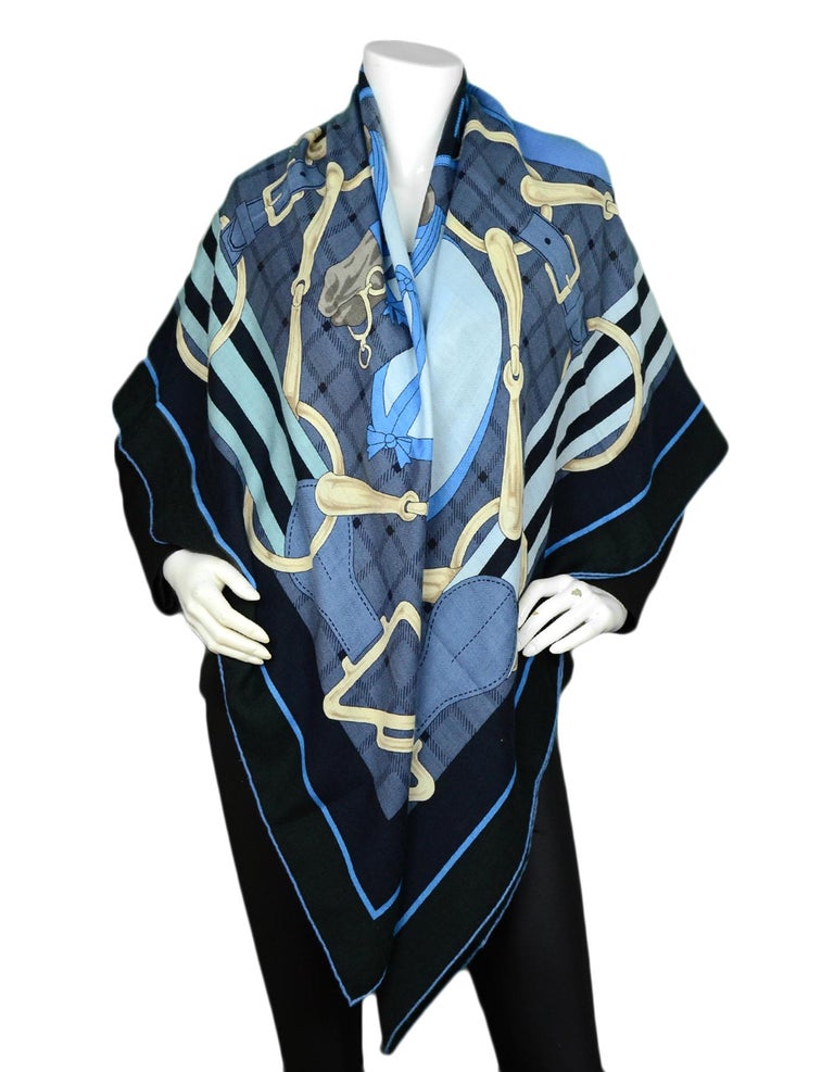 Hermes Blue/Black "Tatersale" Equestrian Horse Print Silk/Cashmere ...