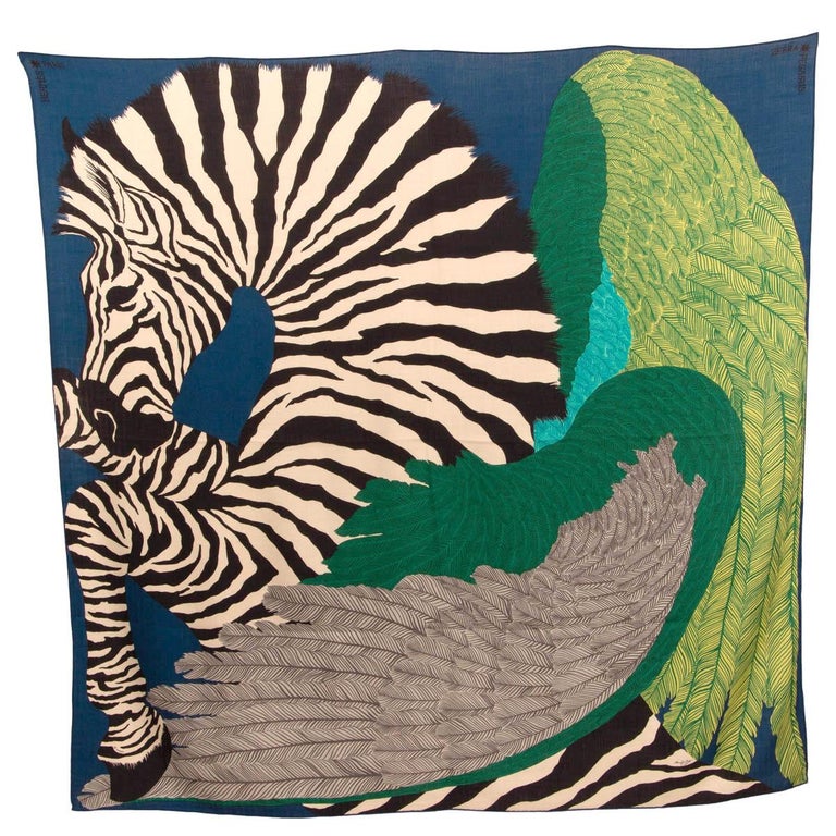 HERMES blue cashmere silk ZEBRA PEGASE 140 Scarf Bleu Vert Ivoire For ...