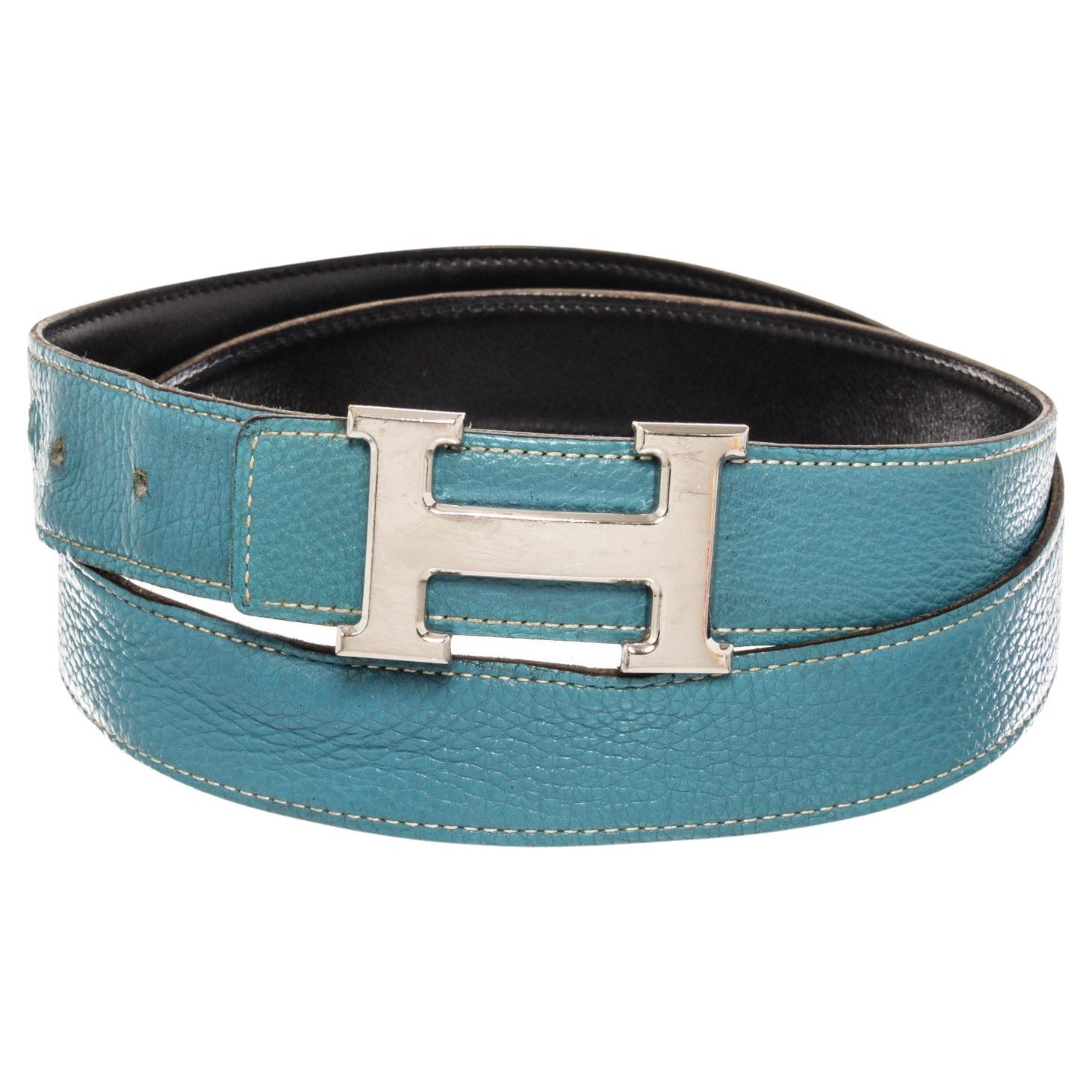 Hermes Women's Size 75 Light Blue + Silver Leather Quentin H Logo Thin ...