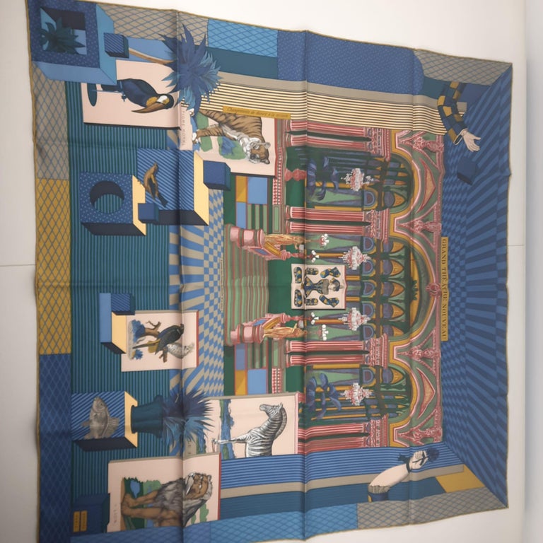 Hermes Blue Jean / Green / Mustard Square 90 Grand Theater New at 1stDibs