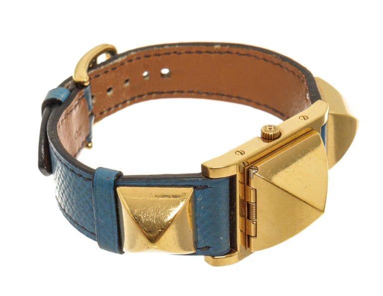 Hermes Blue Metal and Leather Medor Plated 23 Quartz Watch For Sale at ...
