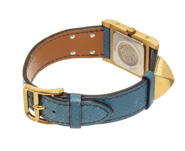 Hermes Blue Metal and Leather Medor Plated 23 Quartz Watch For Sale at ...