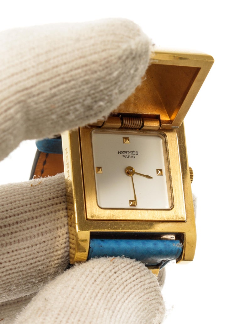 Hermes Blue Metal and Leather Medor Plated 23 Quartz Watch For Sale at ...