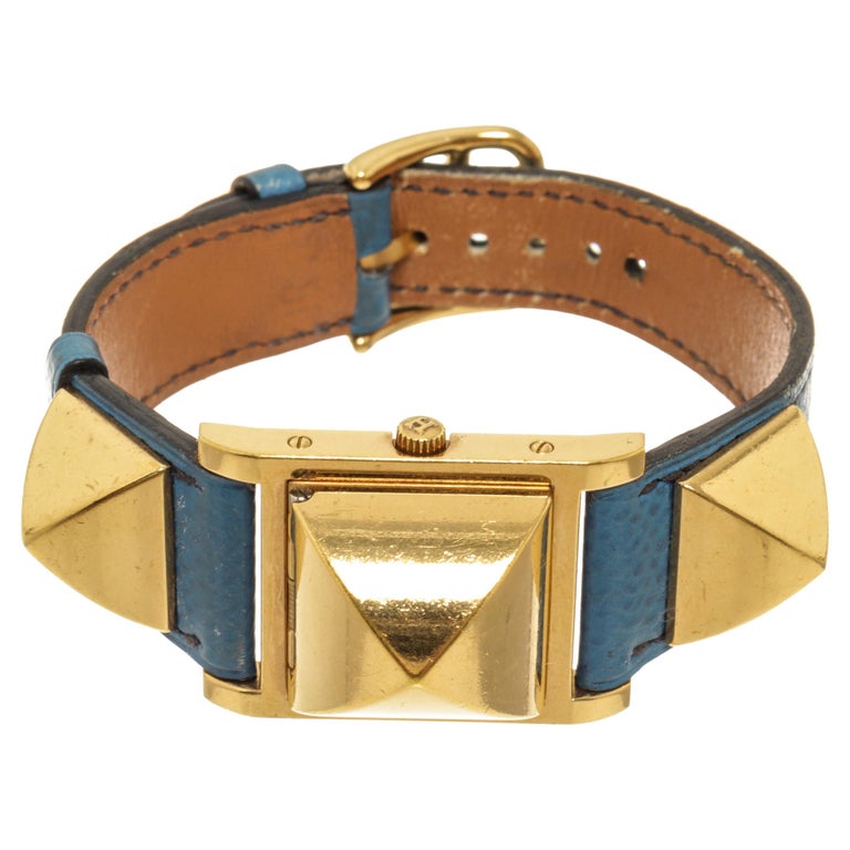 Hermes Blue Metal and Leather Medor Plated 23 Quartz Watch For Sale at ...