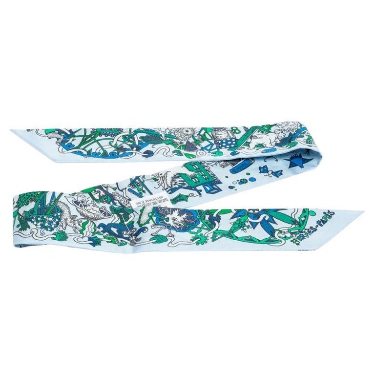 Hermes Blue Printed Silk Twilly at 1stDibs