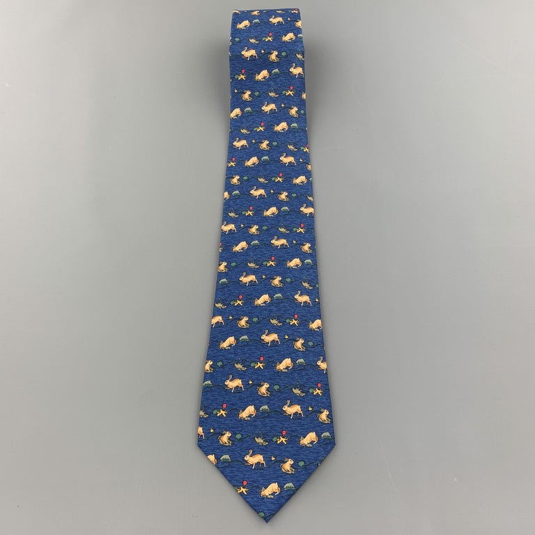 HERMES Blue Rabbit Print Silk Tie 7689 OA at 1stDibs | hermes rabbit tie