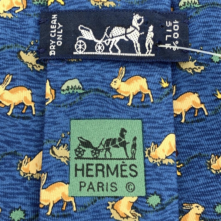 HERMES Blue Rabbit Print Silk Tie 7689 OA at 1stDibs | hermes rabbit tie