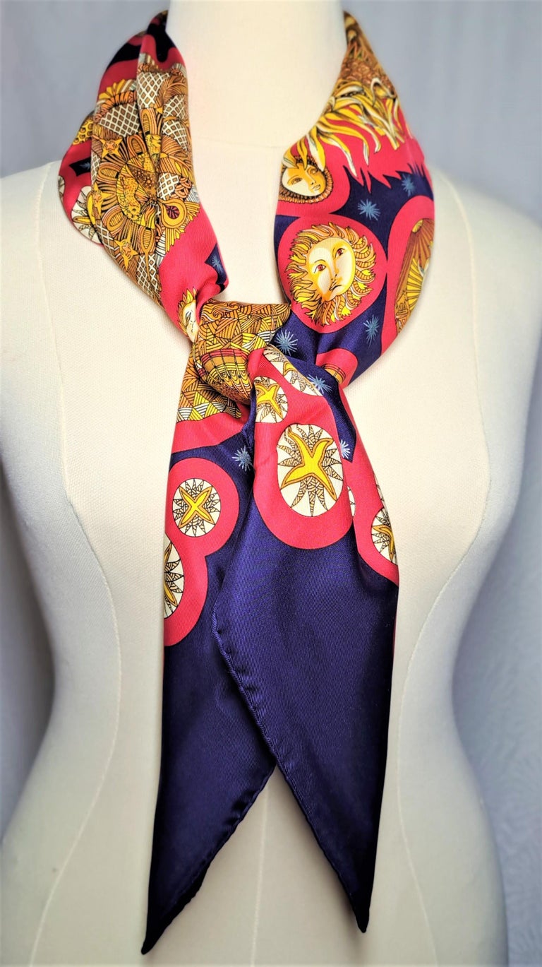 Hermes Blue, red, Gold "Le Roy Soleil" 90cm Silk Scarf designed by ...