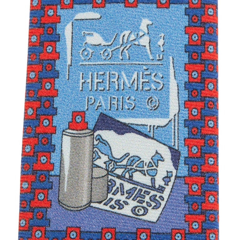 HERMES blue and red silk twill SPRAY CAN PRINT Tie For Sale at 1stDibs