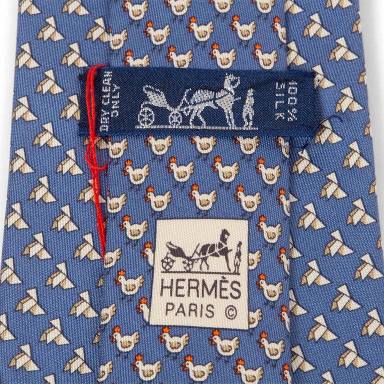 HERMES blue silk twill 5614 ORIGIAMI CHICKEN Tie For Sale at 1stDibs