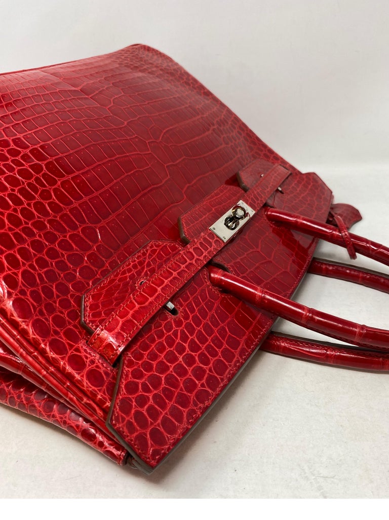 Hermes Braise Red Shiny Porosus Crocodile Birkin 35 Bag For Sale at 1stDibs