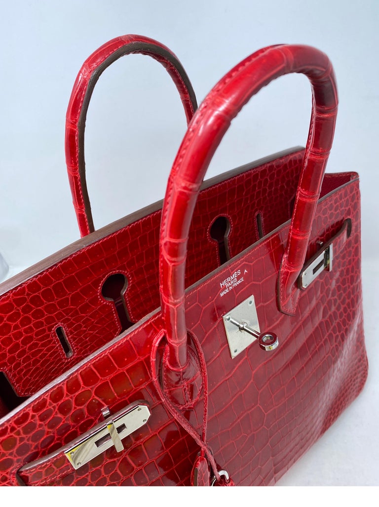 Hermes Braise Red Shiny Porosus Crocodile Birkin 35 Bag For Sale at 1stDibs