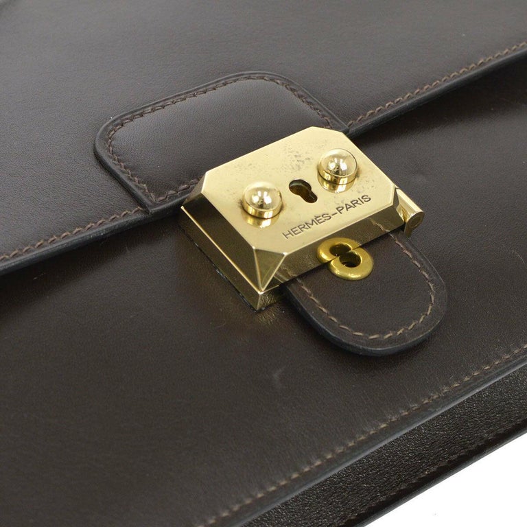 Hermes Brown Leather Gold Flip Lock Wristlet Evening Flap Clutch Bag ...