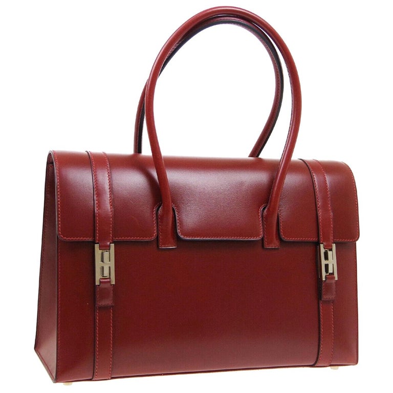Hermes Burgundy Leather Gold Saddle Carryall Top Handle Satchel Kelly ...