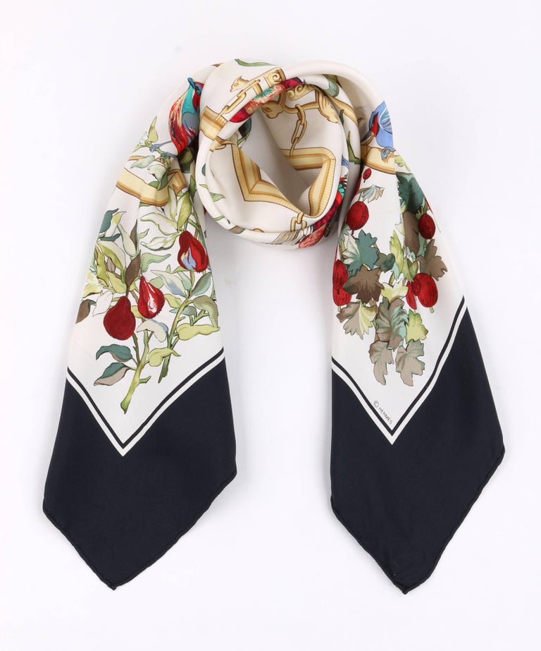 HERMES c.1970 Lenke Szenchenzl "Ramage" Black Botanical Bird Print Silk ...