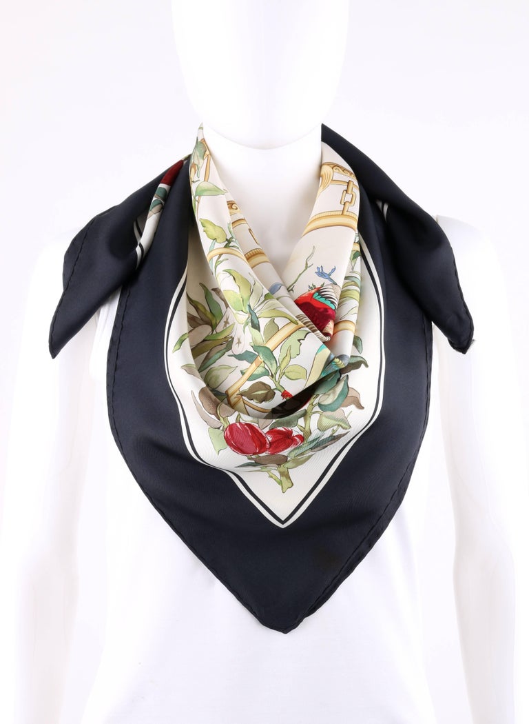 HERMES c.1970 Lenke Szenchenzl "Ramage" Black Botanical Bird Print Silk ...