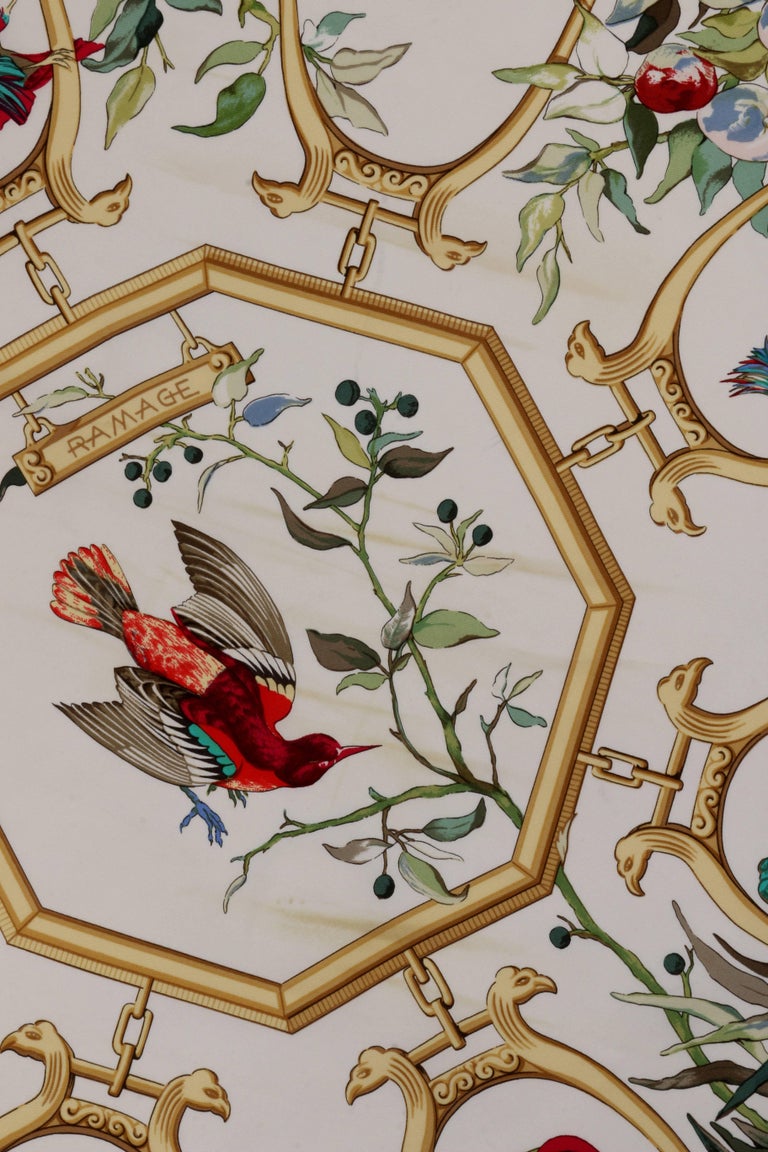 HERMES c.1970 Lenke Szenchenzl "Ramage" Black Botanical Bird Print Silk ...