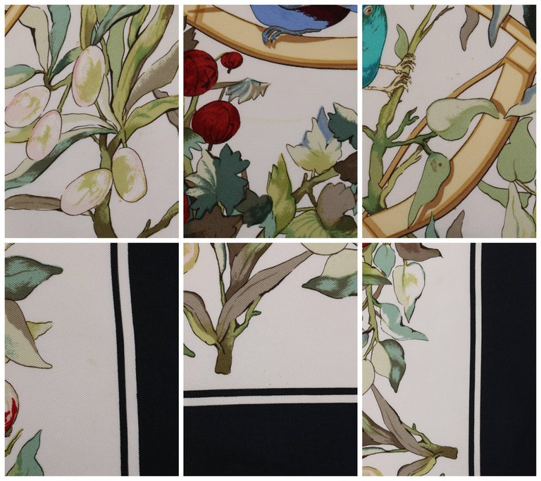 HERMES c.1970 Lenke Szenchenzl "Ramage" Black Botanical Bird Print Silk ...