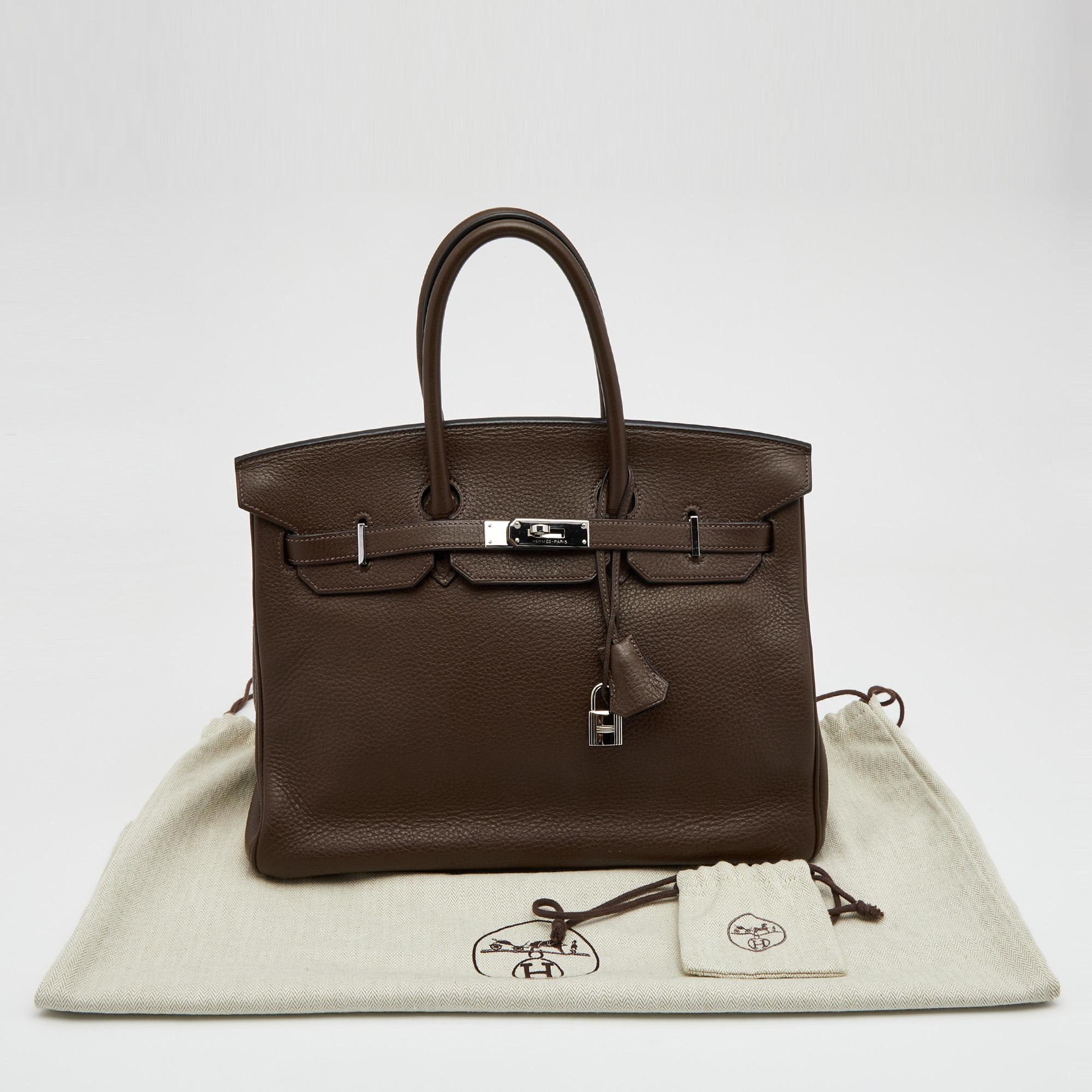 Hermes Cacao Clemence Leather Palladium Finish Birkin 35 Bag at 1stDibs