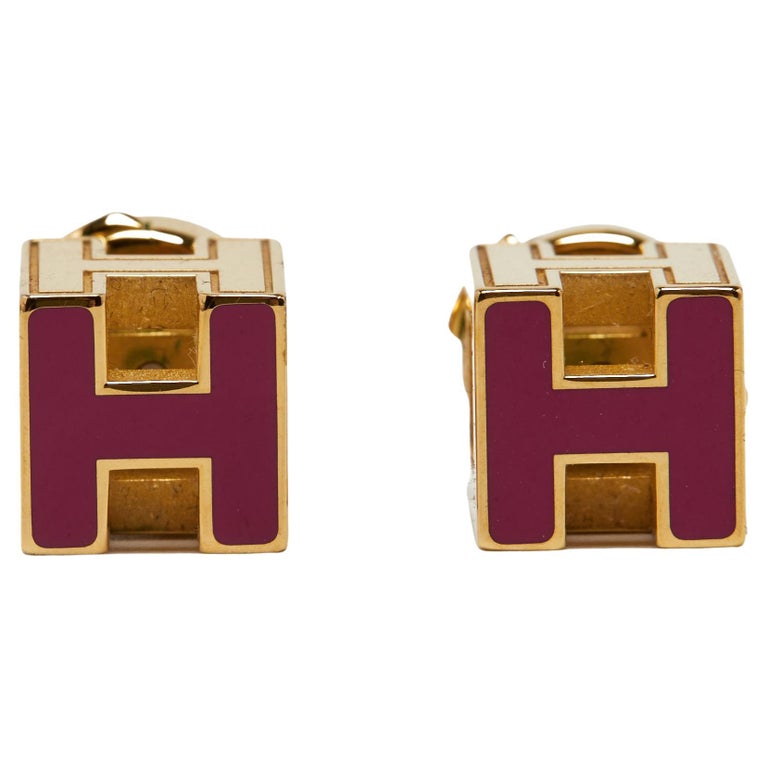 Hermès Cage d'H Gold Plated Pink Lacquer Stud Earrings For Sale at 1stDibs