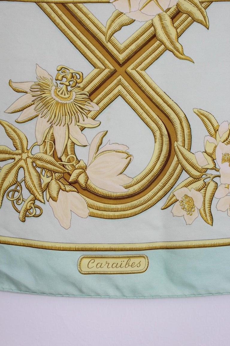 Hermes Caraibes Silk Gold Green Vintage Scarf 1980s at 1stDibs