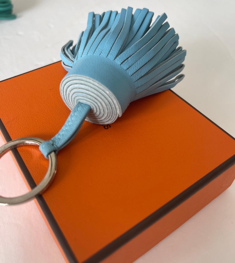 Hermes Carmen Key Ring Leather Charm Blue Ciel For Sale at 1stDibs
