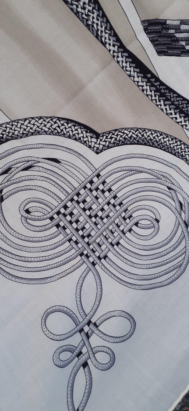 Hermès Cashmere and Silk Shawl Brandebourgs Blanc Noir Mastic 140 cm ...