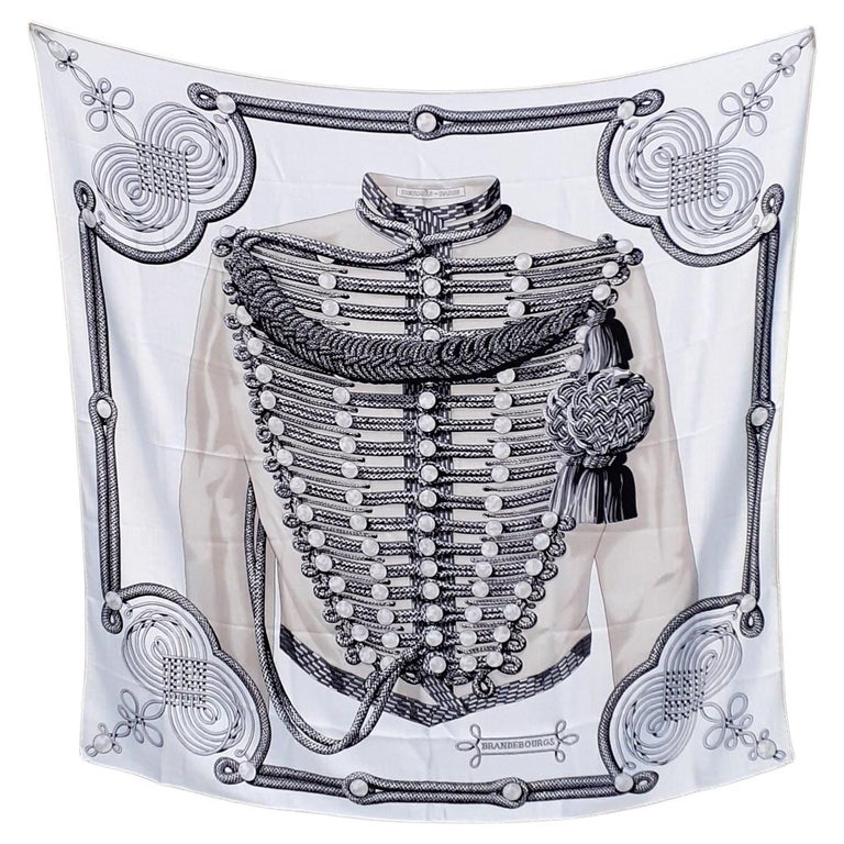 Hermès Cashmere and Silk Shawl Brandebourgs Blanc Noir Mastic 140 cm ...