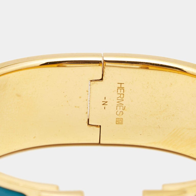 Hermes Clic Clac H Blue Enamel Gold Plated Wide Bracelet For Sale at 1stDibs