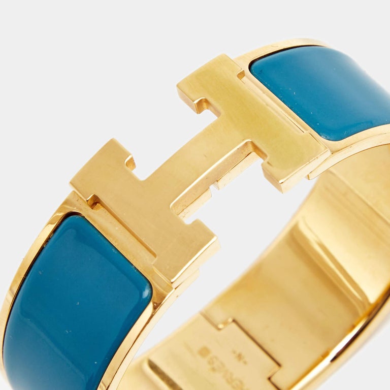 Hermes Clic Clac H Blue Enamel Gold Plated Wide Bracelet For Sale at 1stDibs