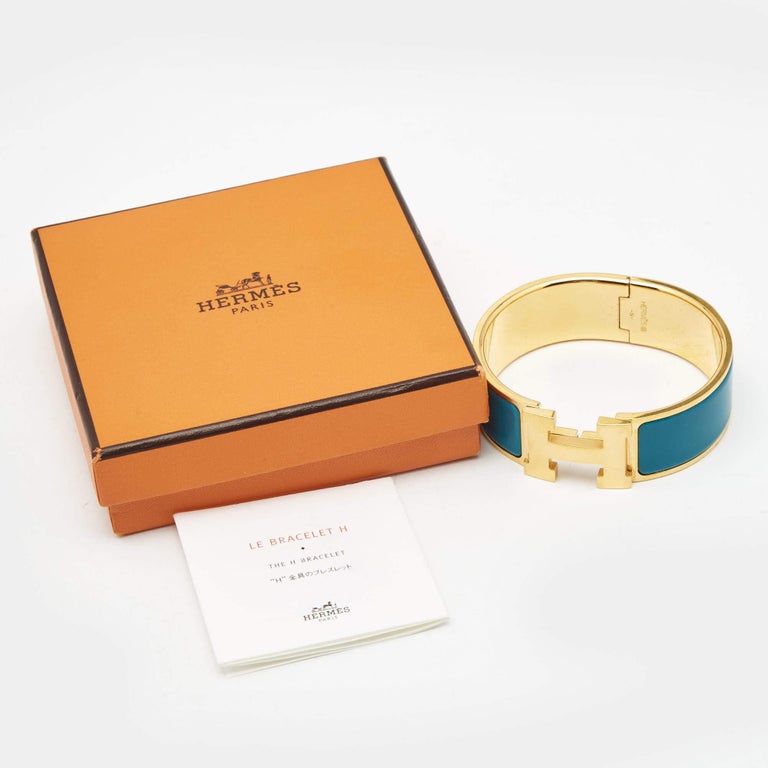 Hermes Clic Clac H Blue Enamel Gold Plated Wide Bracelet For Sale at 1stDibs